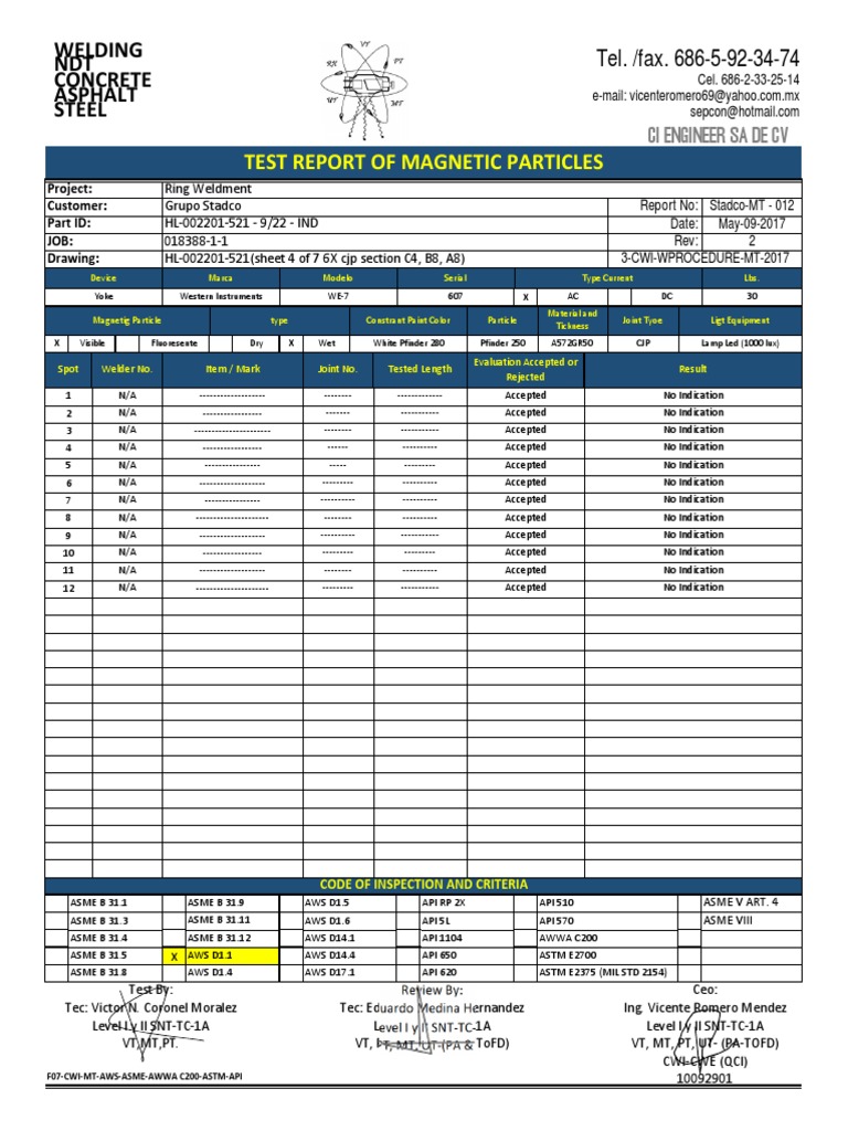 Test Report of Magnetic Particles: Tel. /fax. 686-5-92-34-74 Welding ...