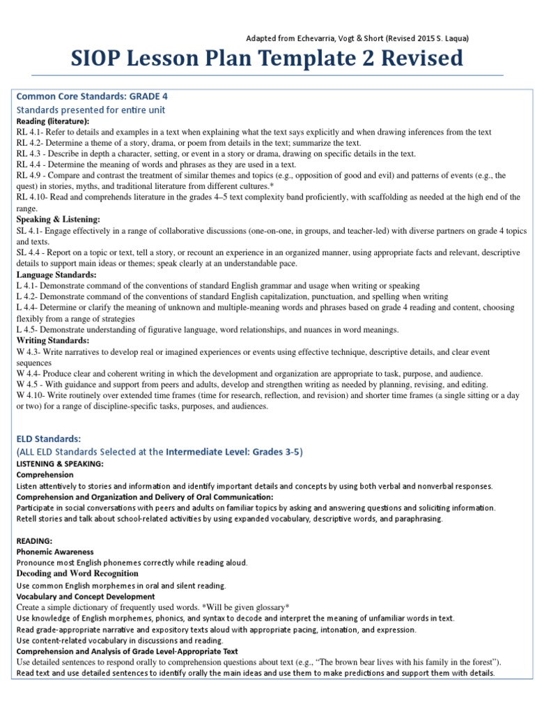 SIOP Lesson Plan Template 2 Revised: Standards Presented For Entire ...