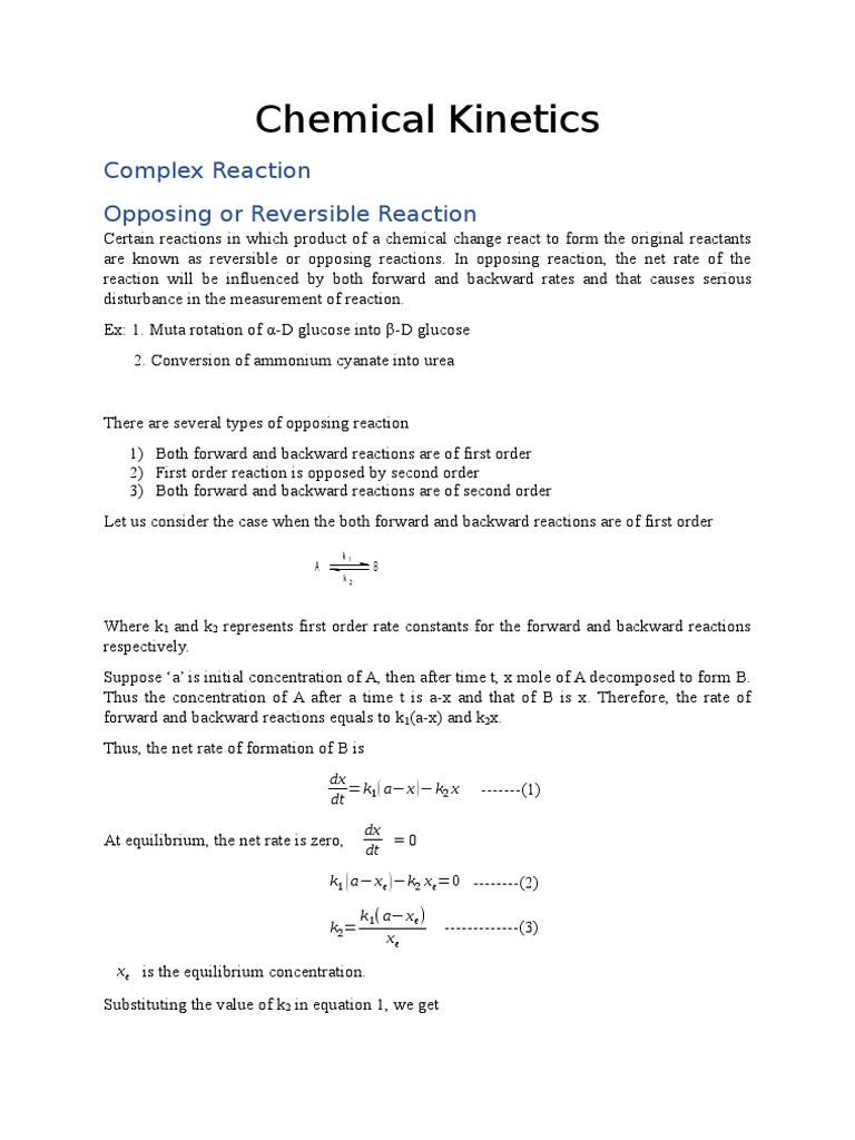 Chemical Kinetics: Complex Reaction Opposing or Reversible Reaction ...