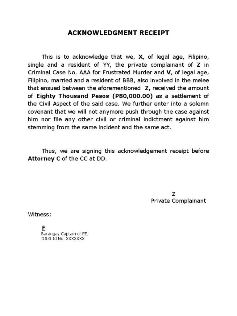 Acknowledgment Receipt: Attorney C of The CC at DD | PDF