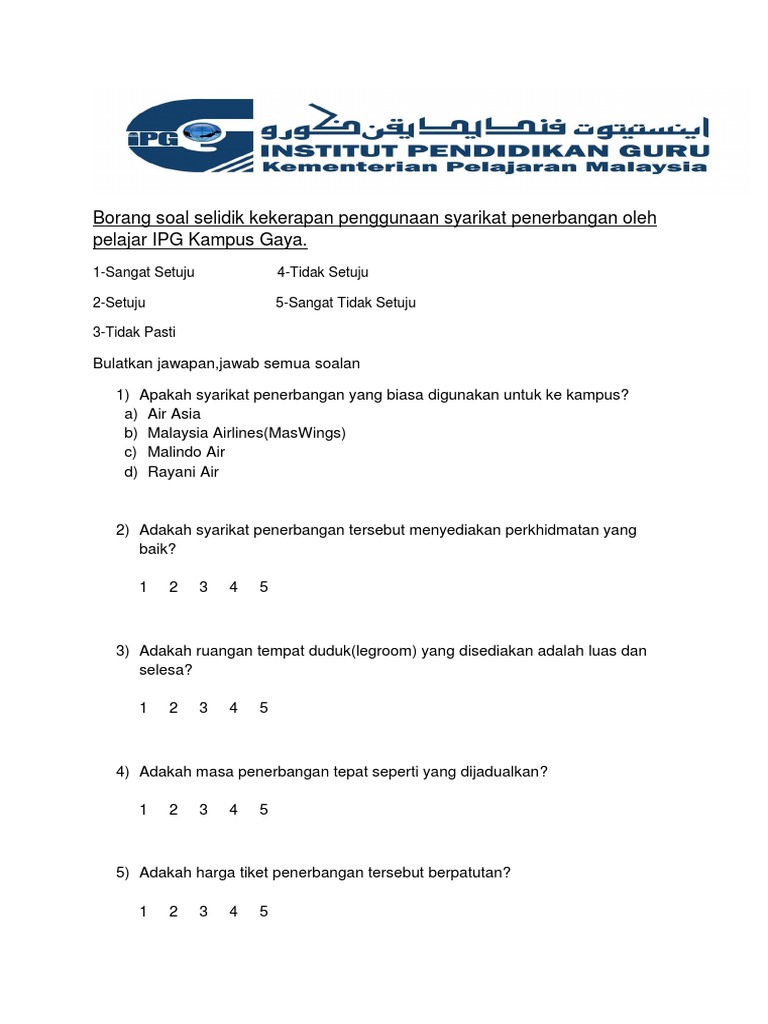 Borang Soal Selidik Kekerapan Penggunaan Syarikat Penerbangan Oleh ...