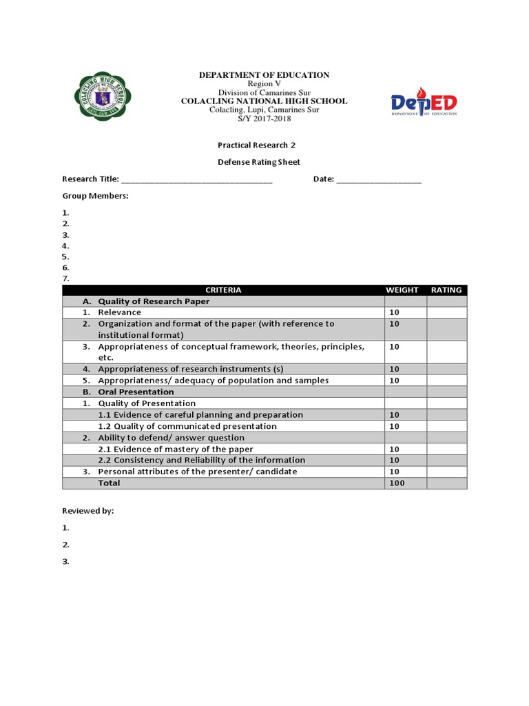 Practical Research 2 Defense Rating Sheet Research Title: - Date ...
