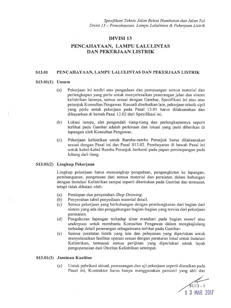 Spek Teknis JBH & JT - E.2017 - Div.13 Pekerjaan Pencahayaan, Tiang, Aksesoris | PDF