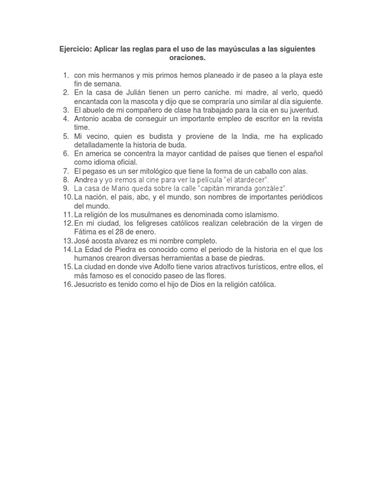 Ejercicios Uso de Mayúsculas | PDF