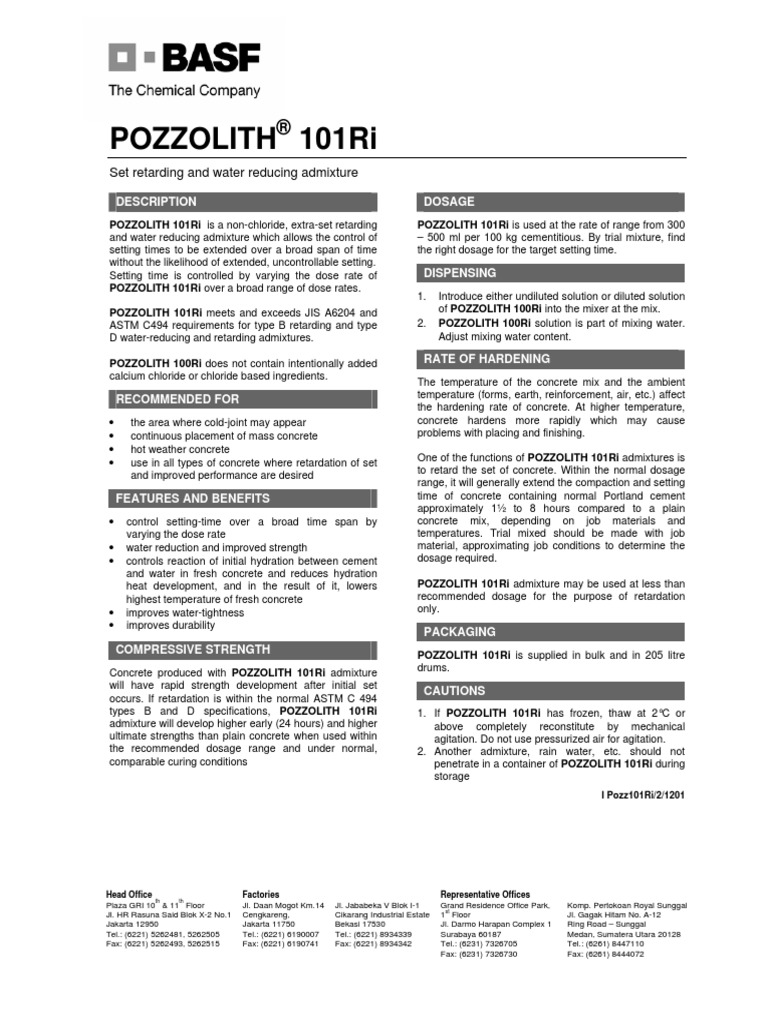 Pozzolith 101ri: Set Retarding and Water Reducing Admixture | PDF ...
