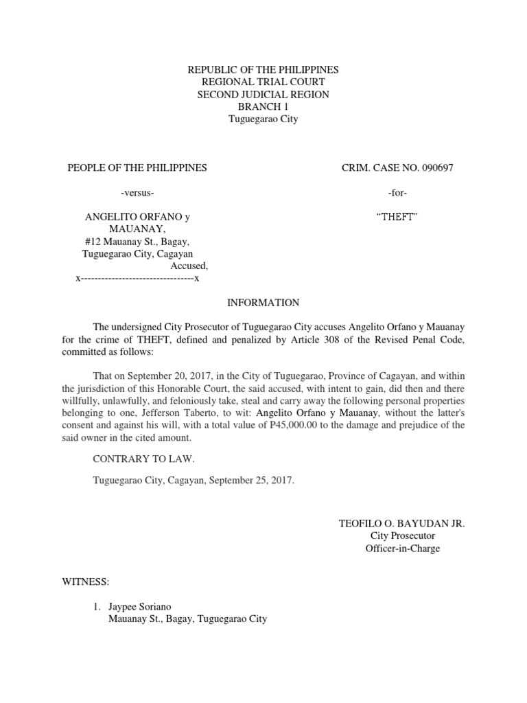 Information Sample For Theft | PDF | Prosecutor | Theft