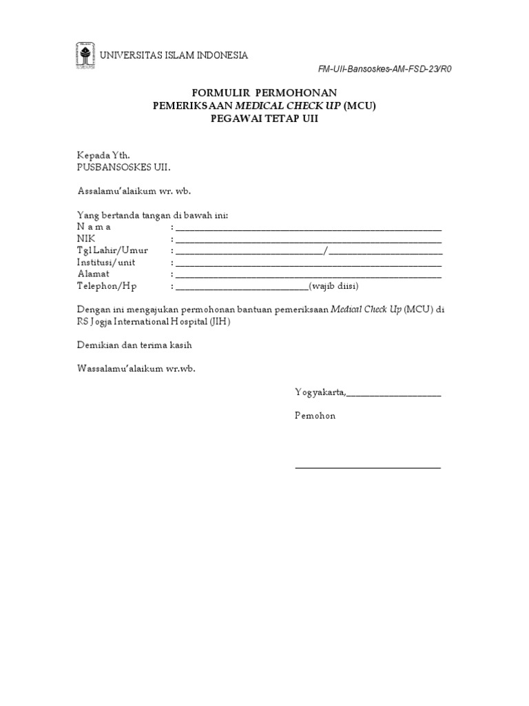 Form Permohonan Mcu Pegawai Tetap PDF | PDF