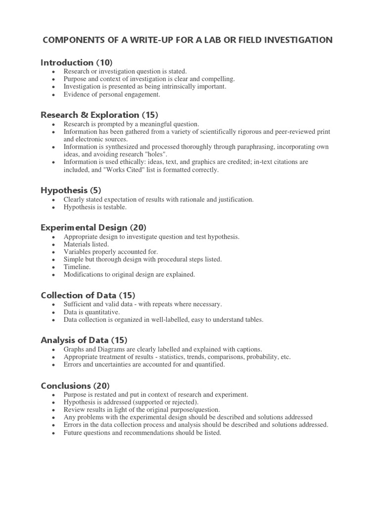Components of A Write-Up For A Lab or Field Investigation Introduction ...