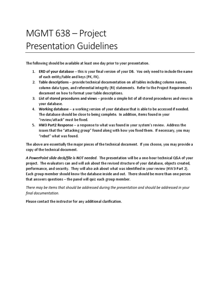 Project Presentation Guidelines for MGMT 638 | PDF
