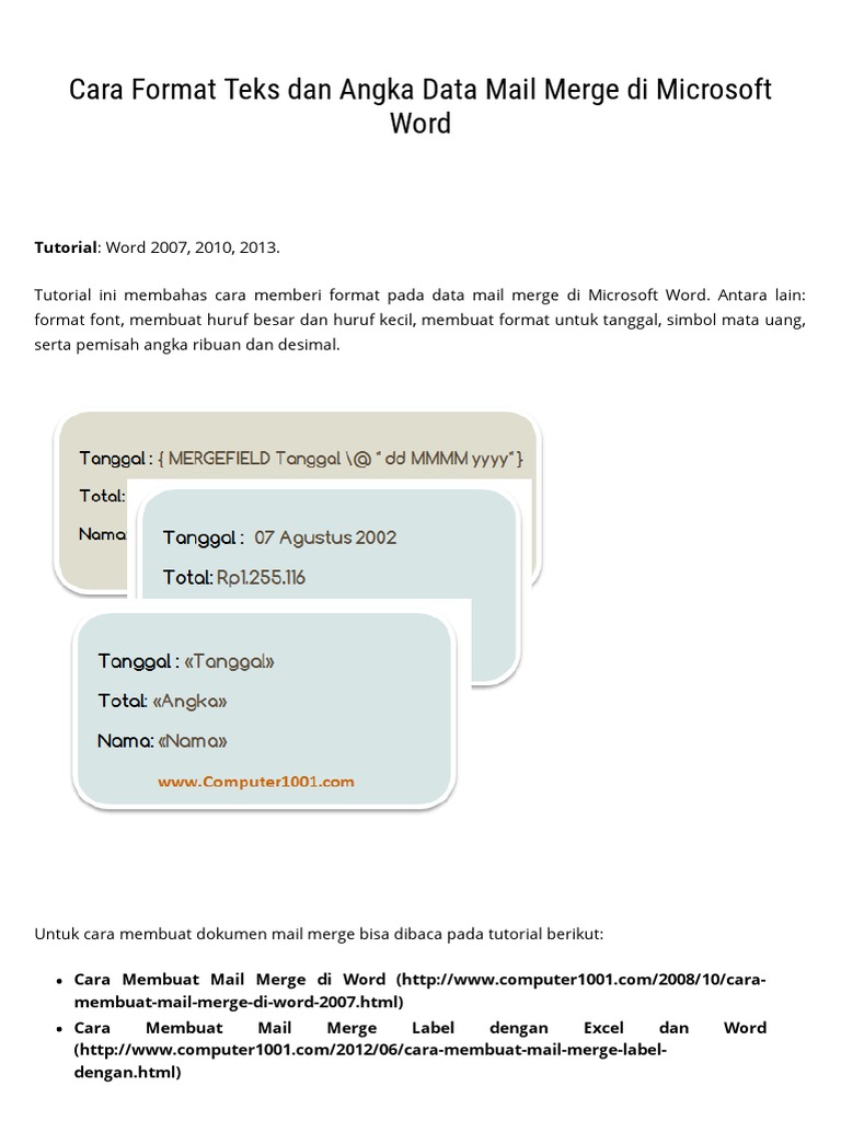 Cara Format Teks Dan Angka Data Mail Merge Di Microsoft Word | PDF
