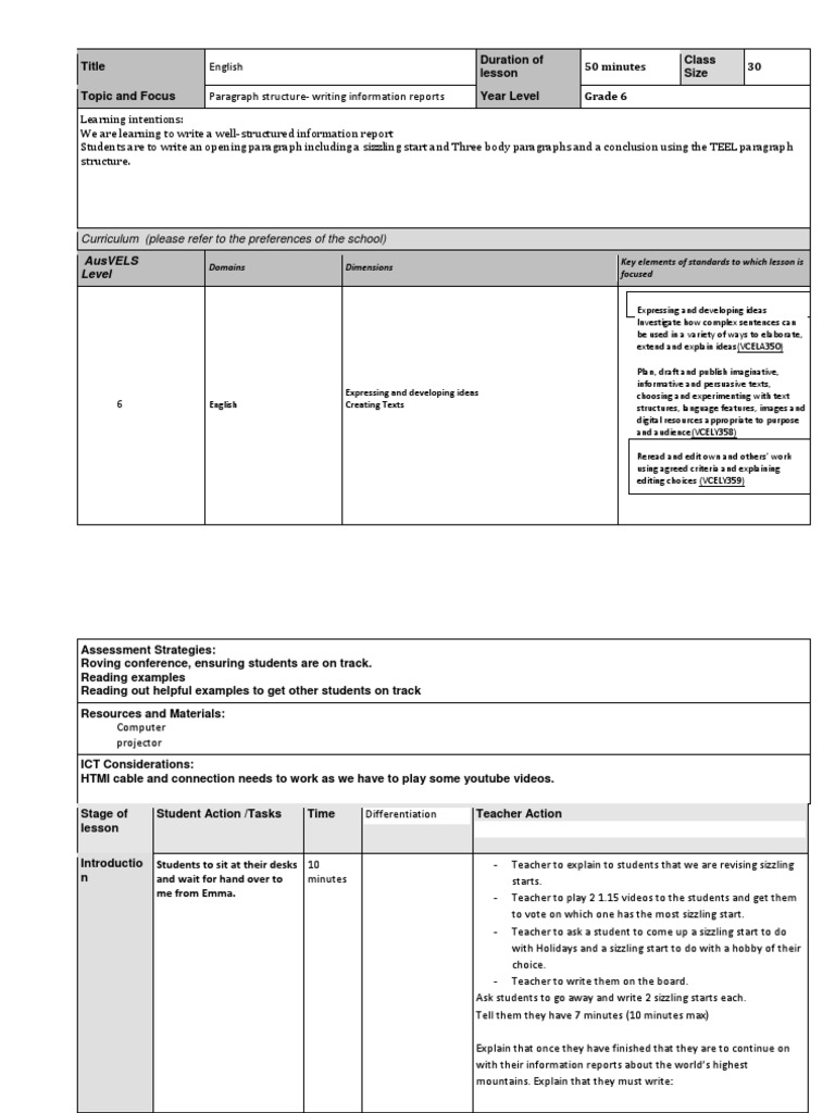 English Lesson Plan Paragraph Friday | PDF | Educational Technology ...