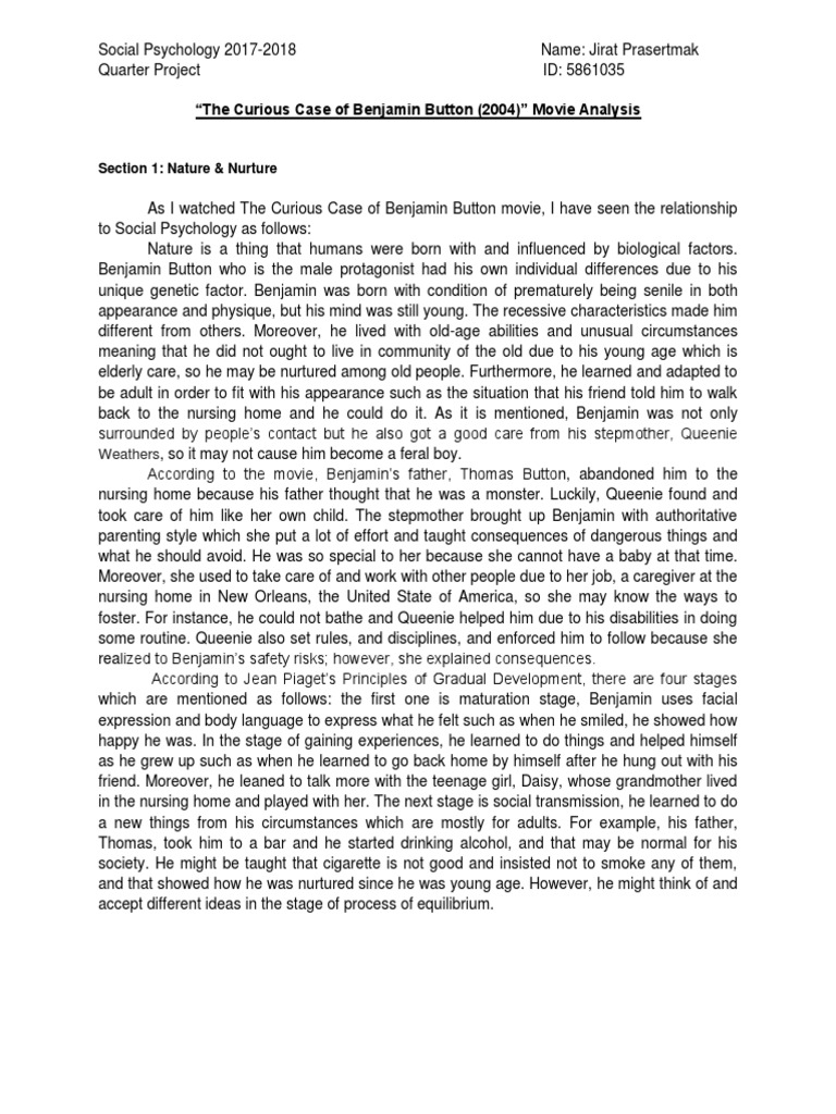 Benjamin Button: A Social Psychology Analysis | PDF | Nature Versus ...