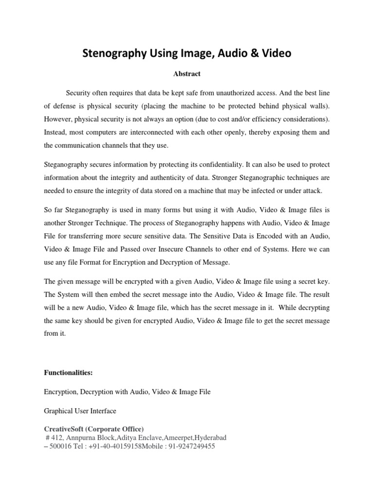 Stenography Using Image, Audio & Video Abstract | PDF | Encryption ...