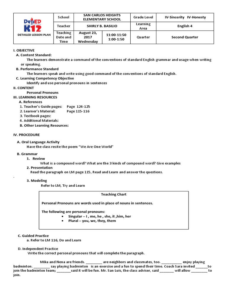 Grade 4 Personal Pronouns Lesson Plan | PDF | Lesson Plan | Pronoun