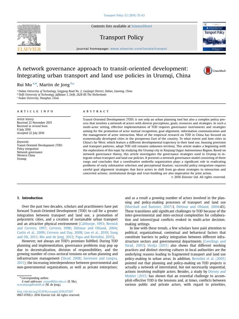 A Network Governance Approach To Transit-Oriented Development Integrating Urban Transport and ...