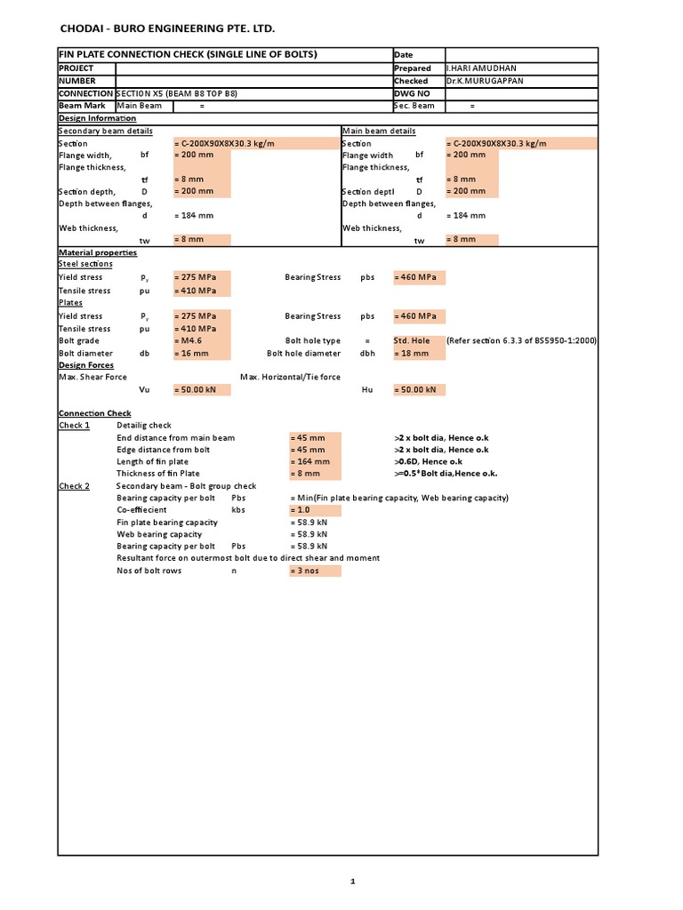 Chodai - Buro Engineering Pte. LTD.: Fin Plate Connection Check (Single Line of Bolts) | PDF ...