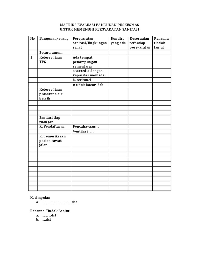 Matriks Evaluasi Bangunan Puskesmas THD Persyaratan Sanitasi | PDF
