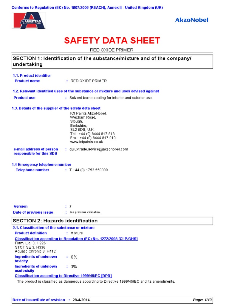 Red Oxide Primer Safety Data Sheet | PDF | Toxicity | Waste Management