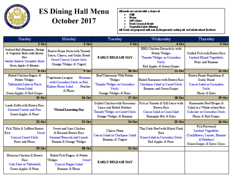 ES Dining Hall Menu - October 2017 | PDF | Cuisine | Asian Cuisine