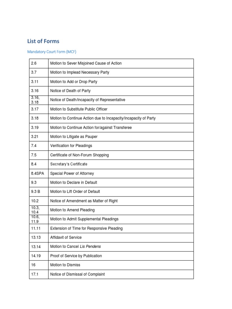 List of Forms: Mandatory Court Form (MCF) | PDF