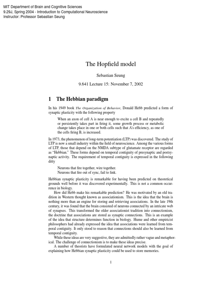 The Hopfield Model - S. Seung MIT | PDF | Long Term Potentiation ...