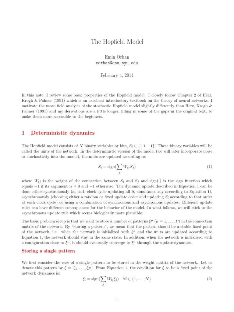 The Hopfield Model - Emin Orhan - 2014 PDF | PDF | Probability Distribution | Variance