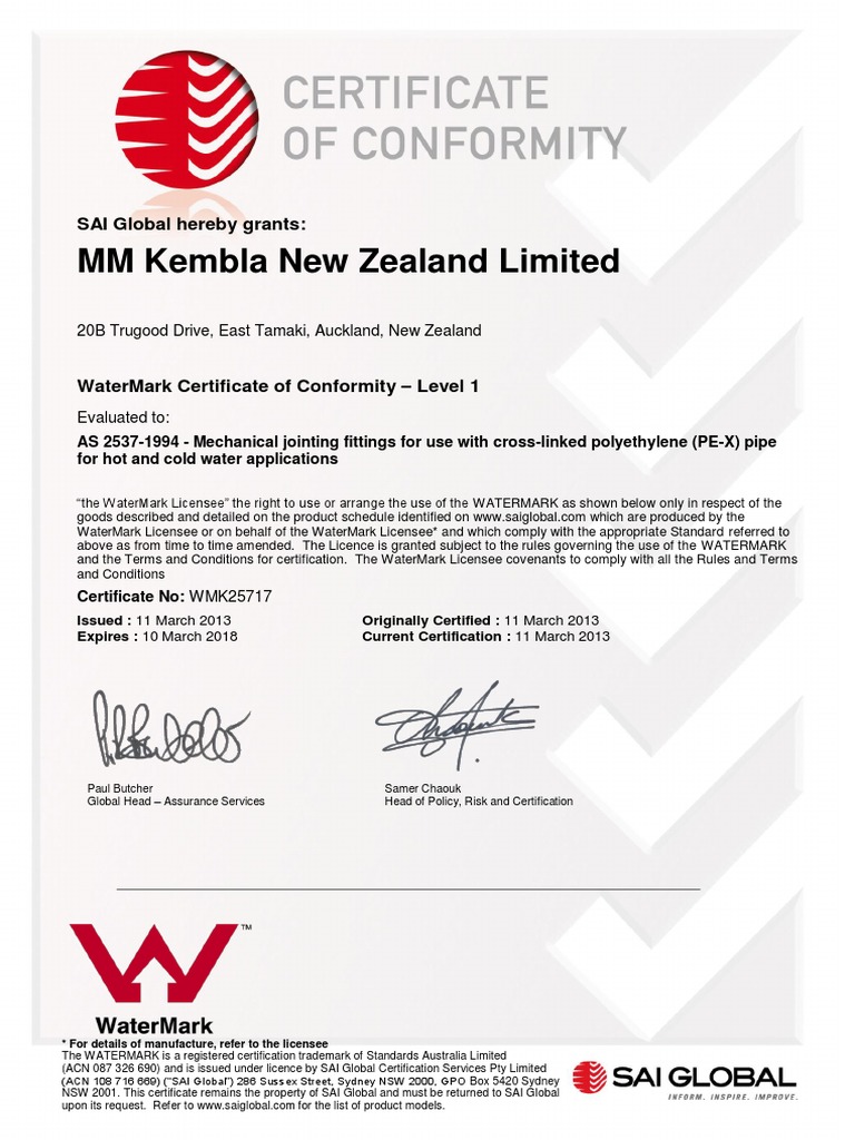 SAI Global - Watermark Certificate Pex Fittings | Home Appliance ...