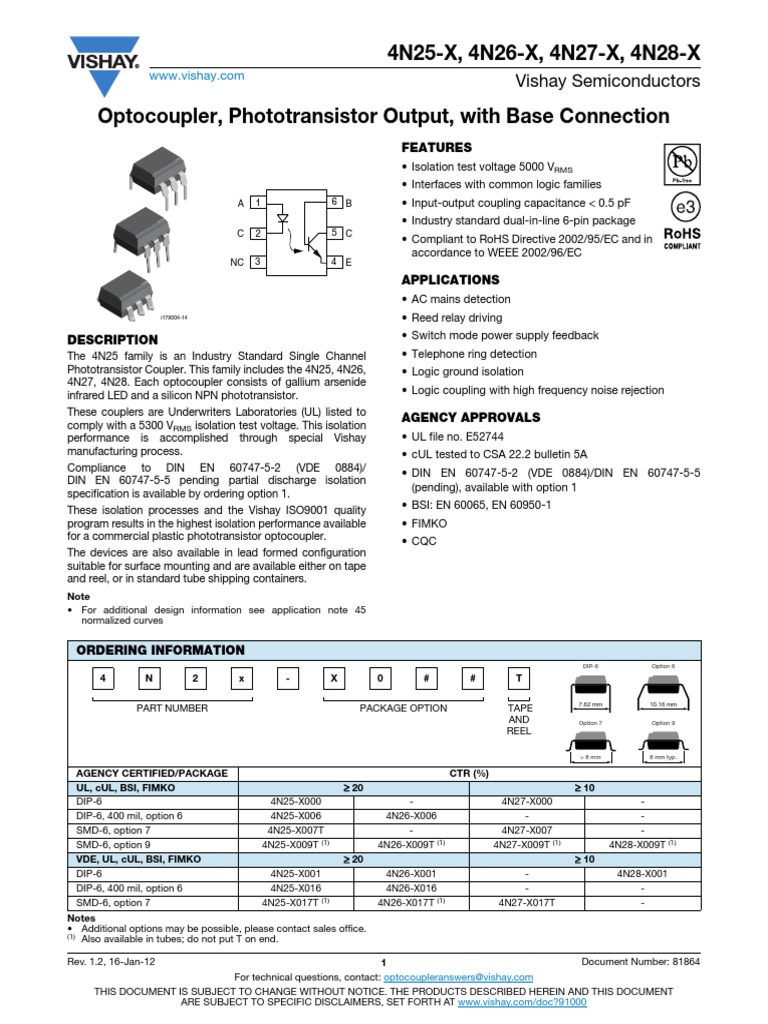 4N25-X, 4N26-X, 4N27-X, 4N28-X Optocoupler, Phototransistor Output ...