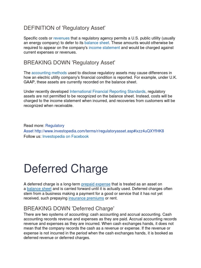 Deferred Charge: DEFINITION of 'Regulatory Asset' | PDF | Deferral ...