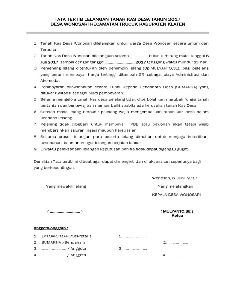 Tata Tertib Lelangan Tanah Kas Desa Tahun 2017 | PDF | Perjalanan
