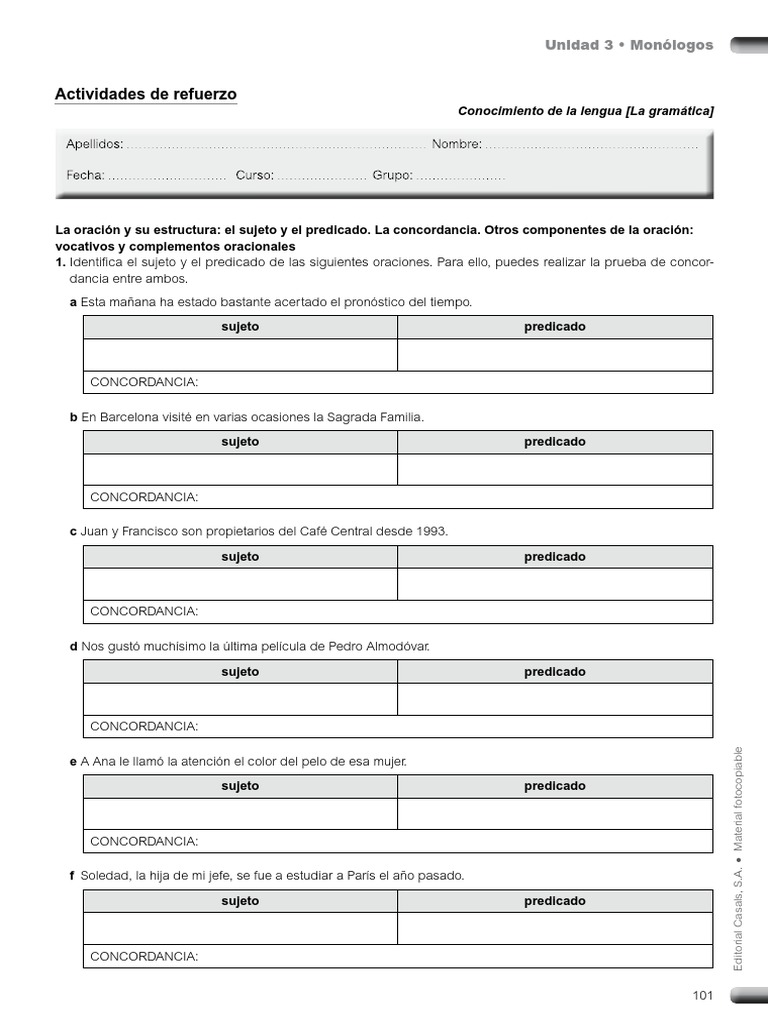 Hoja De Trabajo De Concordancia Entre Sujeto Y Verbo, Tercer Grado