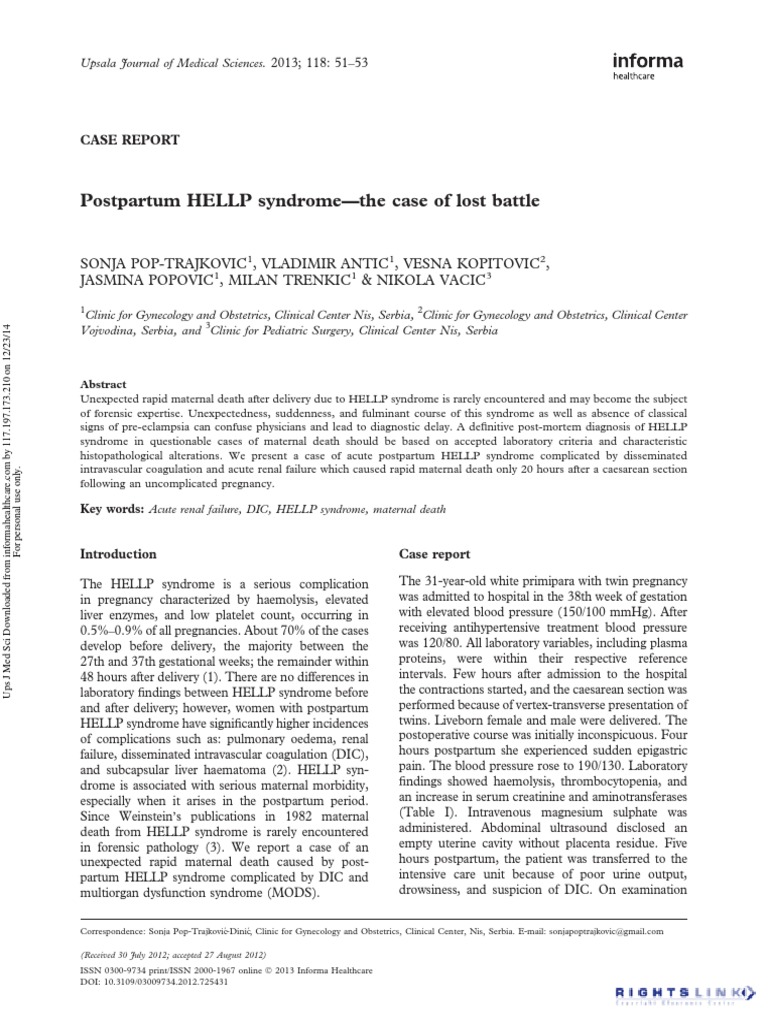 Postpartum HELLP Syndrome-The Case of Lost Battle | PDF | Medical ...