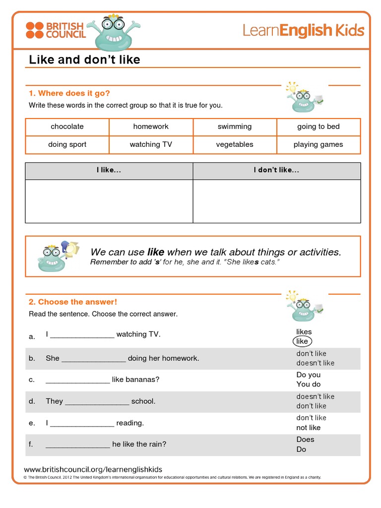 Like and Don't Like Worksheet | PDF | Linguistics | Semiotics