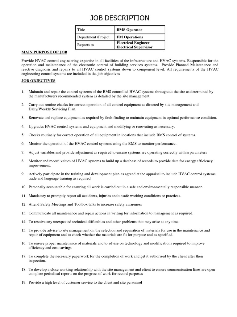 JOB Description: BMS Operator FM Operations Electrical Engineer ...