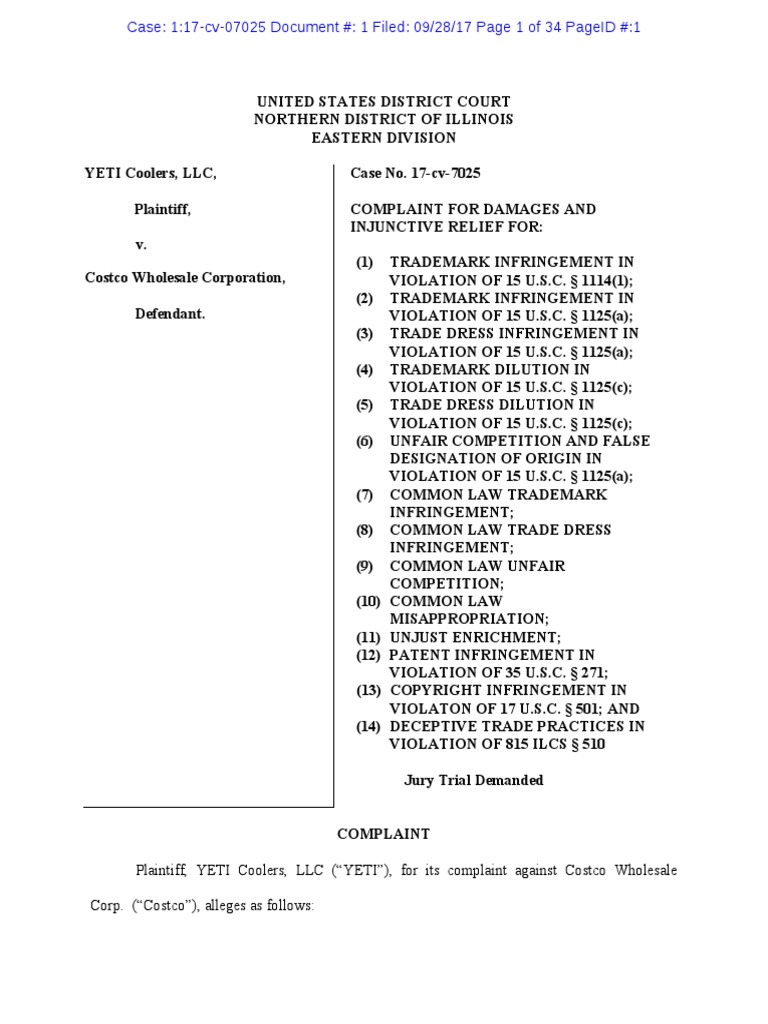 YETI Coolers v. Costco - Complaint | PDF | Trade Dress | Trademark ...