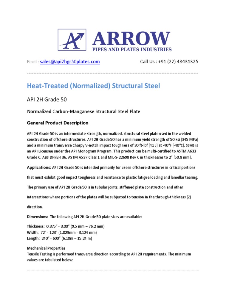 API 2H Grade 50 Plates - Arrow Pipes & Plate Industries | PDF ...