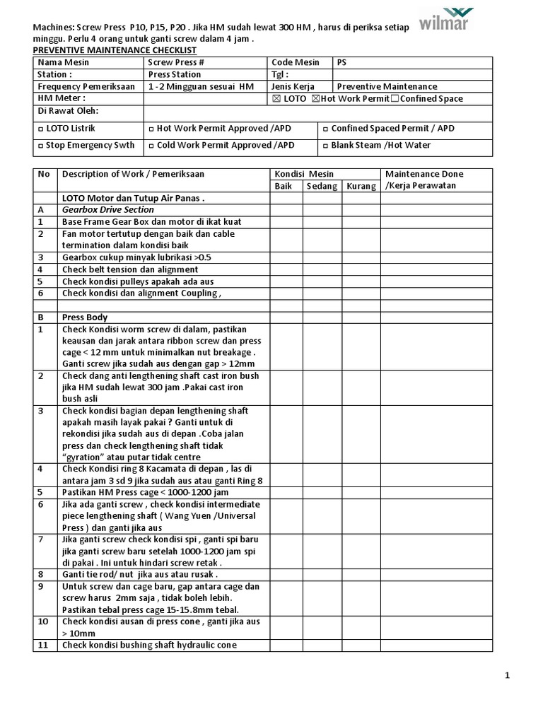 5 Screw Press Maintenance Check List | PDF | Teknologi & Rekayasa