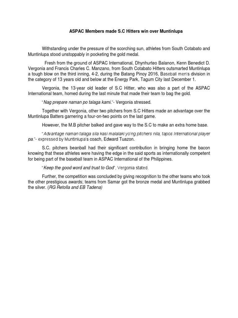 ASPAC Members Made S.C Hitters Win Over Muntinlupa | PDF