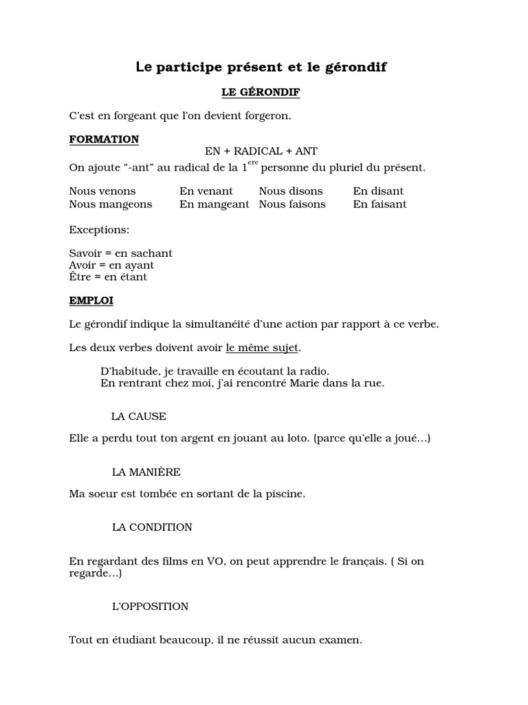 Le Participe Présent Et Le Gérondif | Verbe | Grammaire