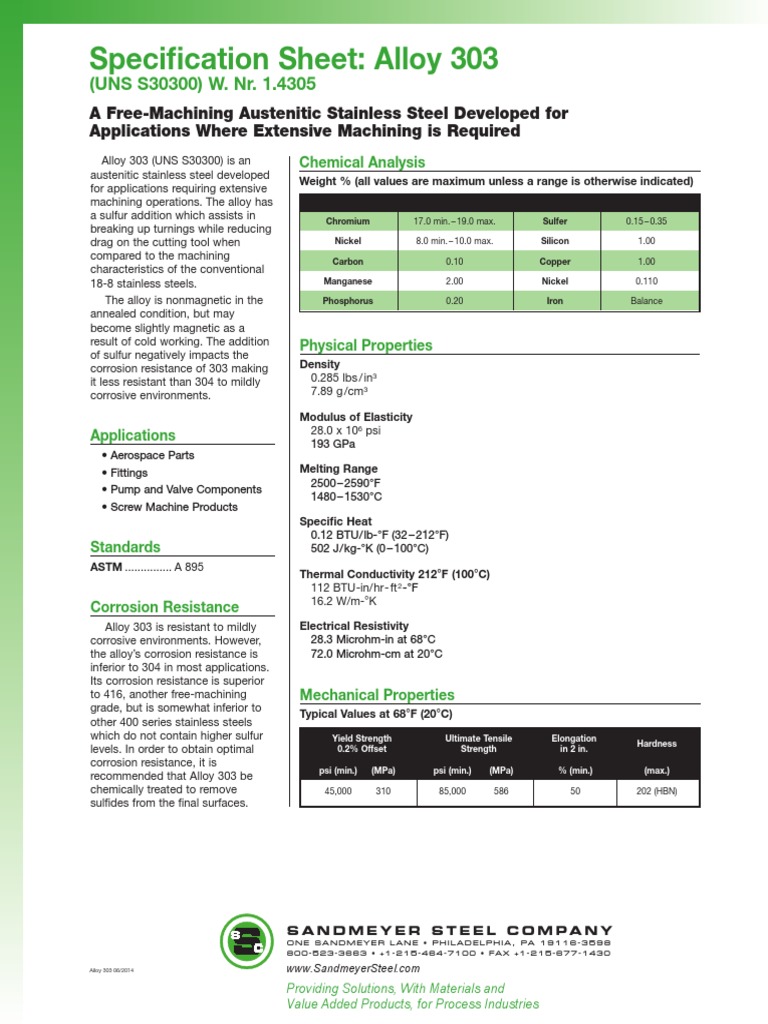 303 Spec Sheet | PDF | Alloy | Steel