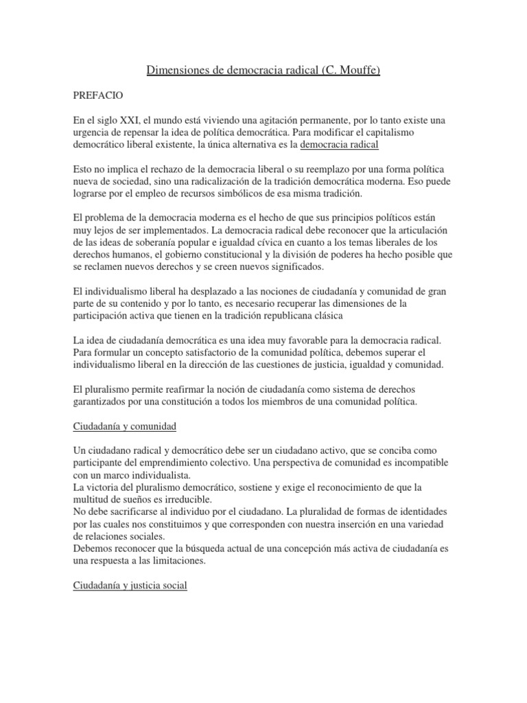 Resumen Dimensiones de Democracia Radical Mouffe | PDF | Ciudadanía ...