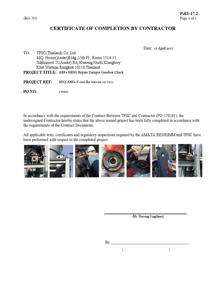 Certificate Completion by Contractor PDF | PDF