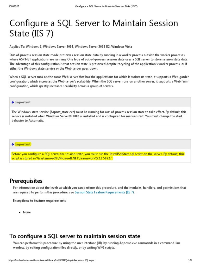 Configure A SQL Server To Maintain Session State (IIS 7) | PDF ...