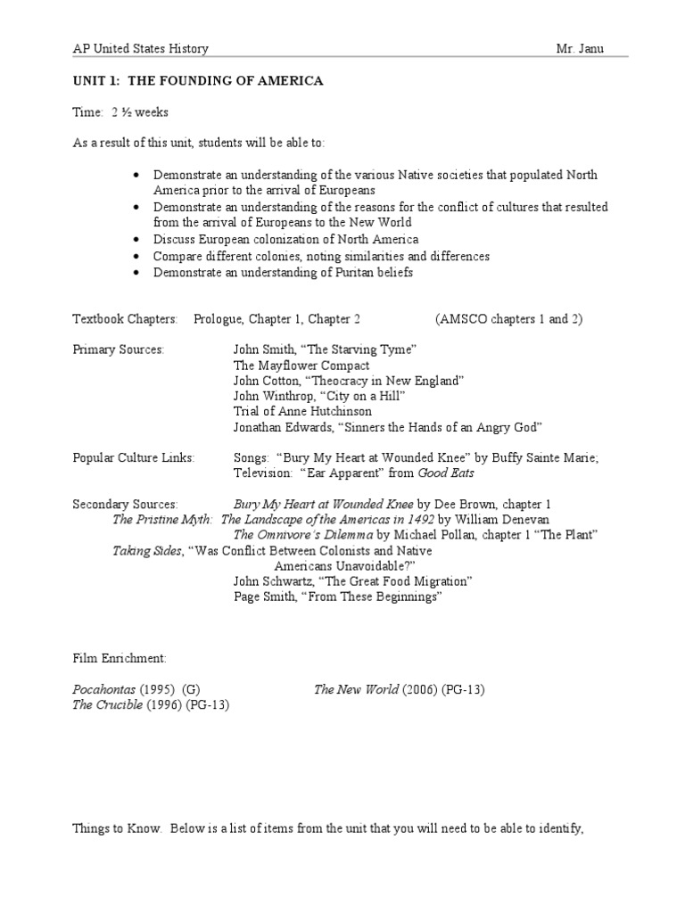 APUSH Unit 1 Syllabus and Review | PDF | Plymouth Colony | New England