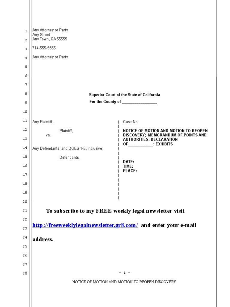 Sample Motion To Reopen Discovery in California | PDF | Discovery (Law ...
