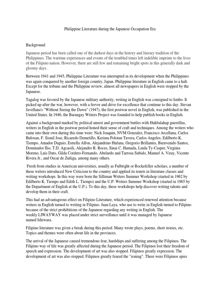 Philippine Literature During The Japanese Occupation Era | PDF ...
