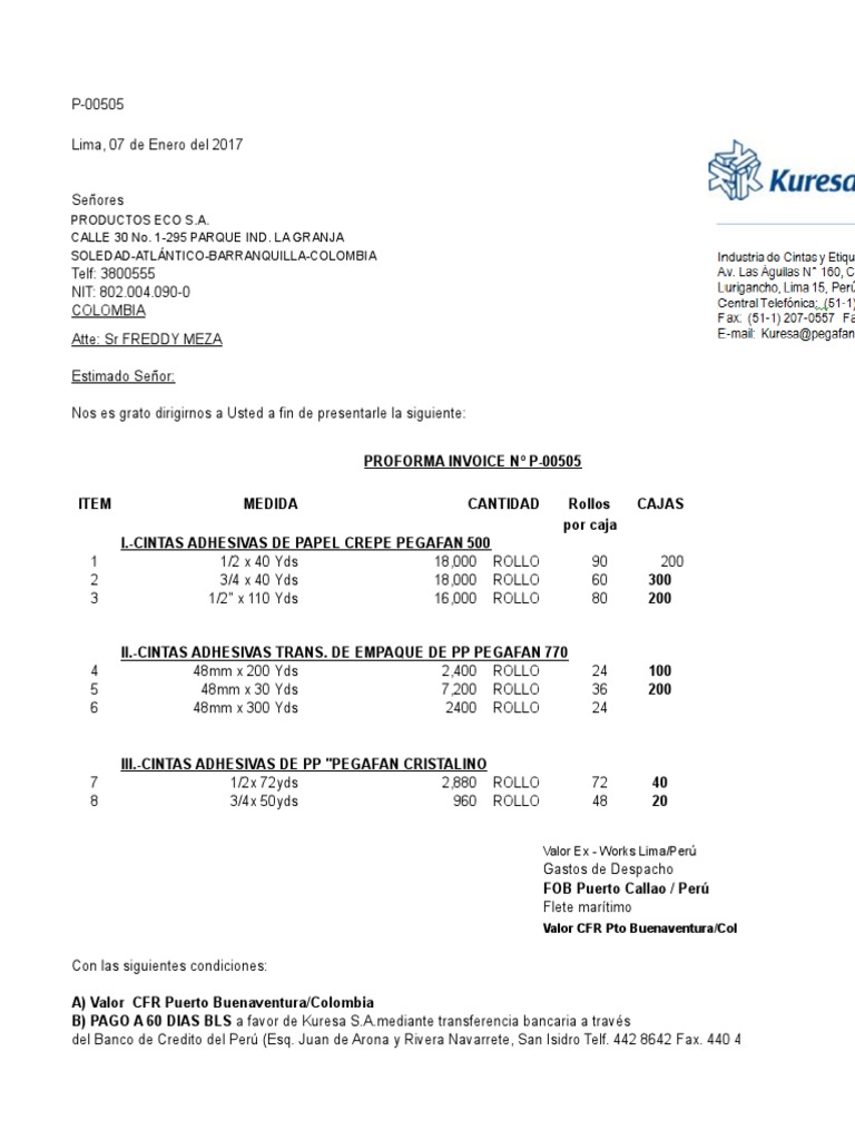 Proforma Invoice P-00505 de Cintas Adhesivas | PDF | Transporte y ...