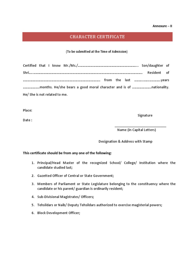 Tamil Nadu Character Certificate Format | PDF