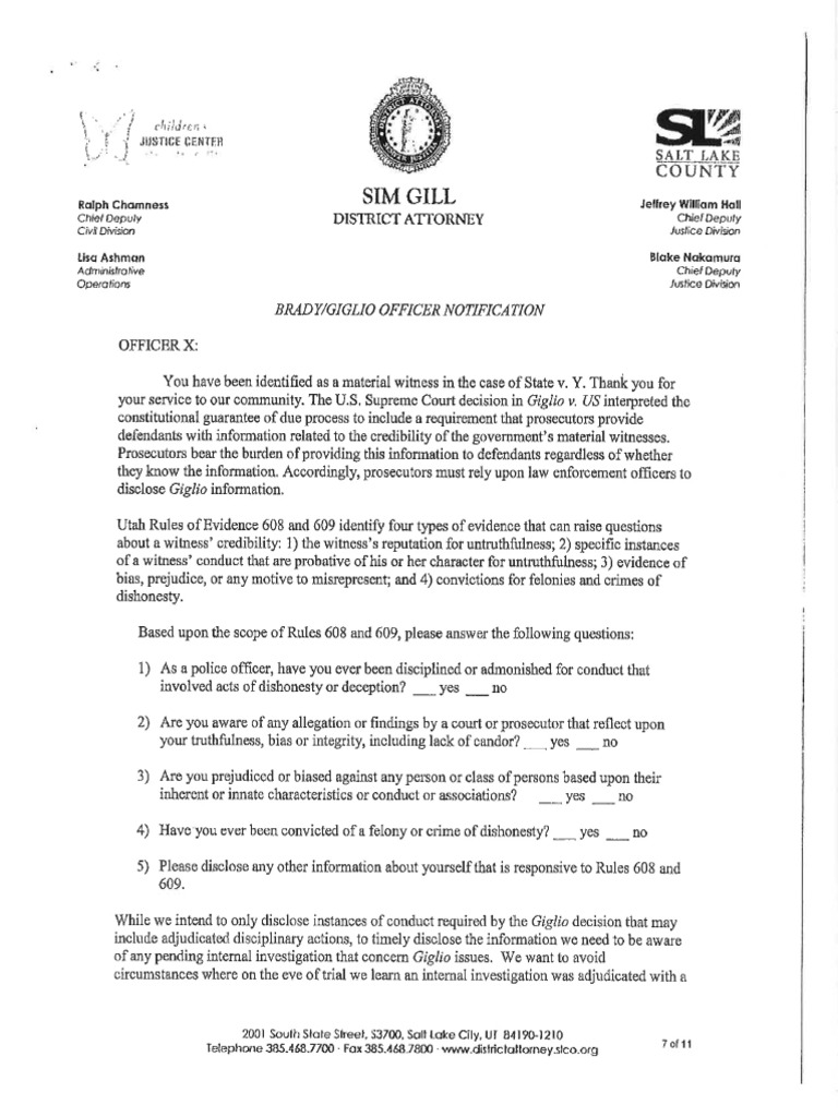 Salt Lake County District Attorney's Office Brady/Giglio Questionnaire | PDF