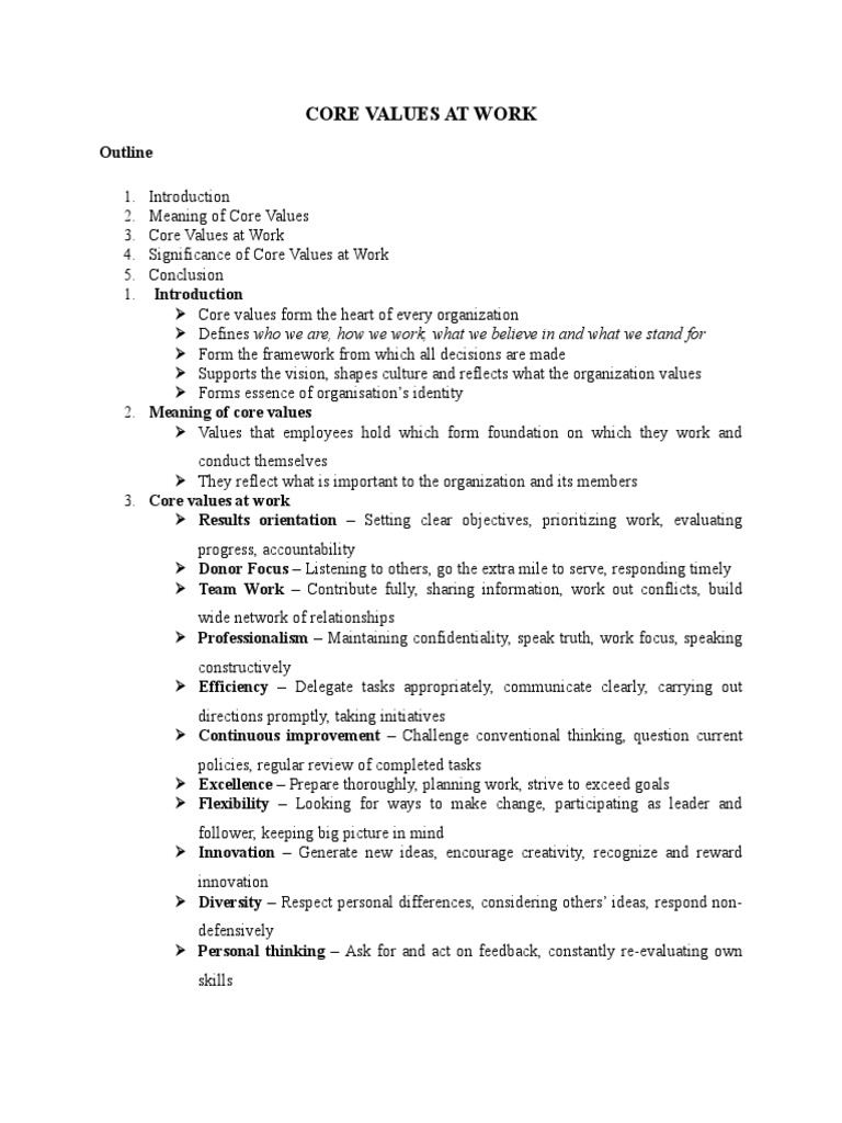 Core Values at Work: Outline | PDF | Value (Ethics) | Emergence